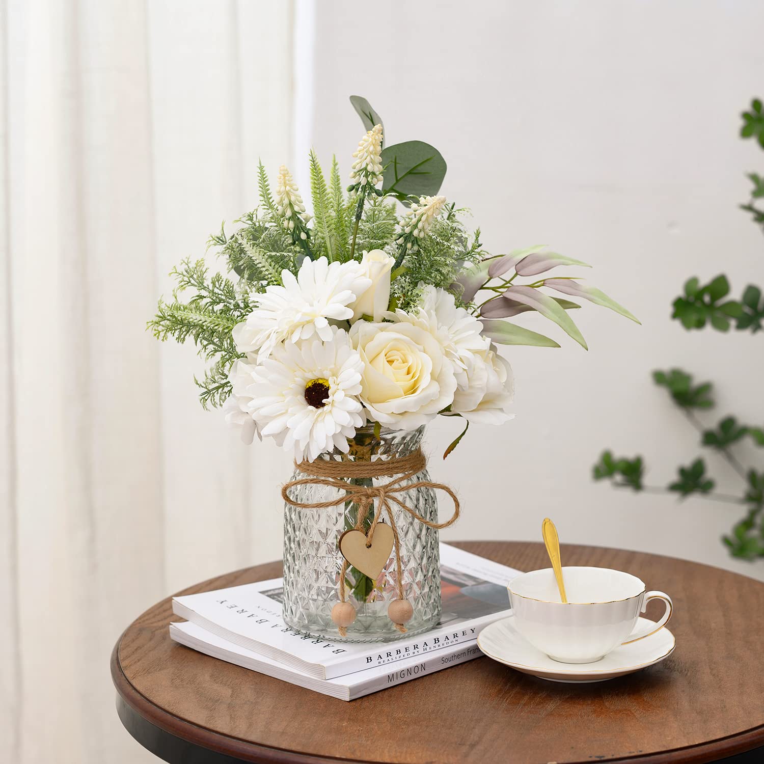 COZZI CODI Artificial White Flowers with Vase, Fake Flowers Arrangement for Home Decor, Faux Flowers for Farmhouse Coffee Table Decor, House Kitchen Centerpiece Table Decorations