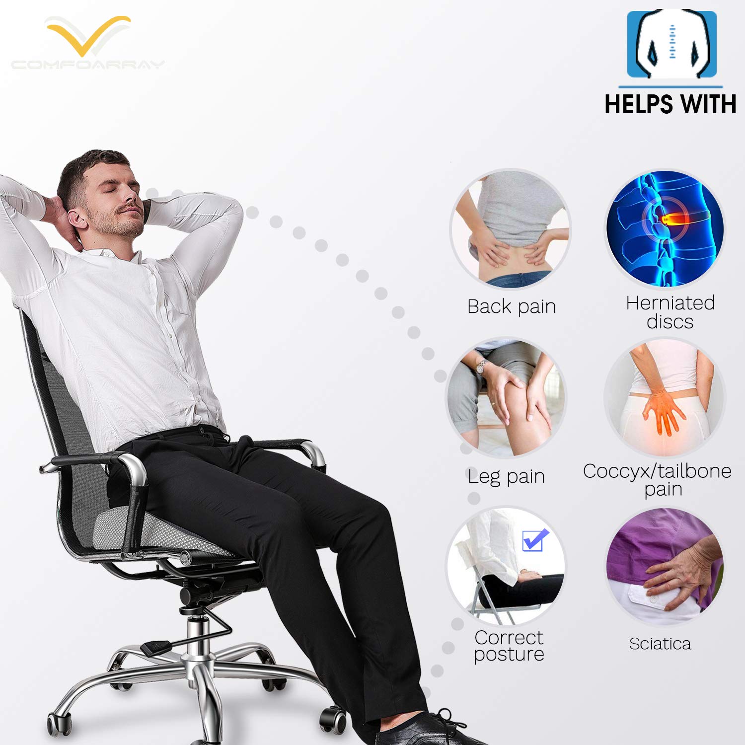 ComfoArray Large Seat Cushion :17"× 19", Car Seat Cushion,Chair Cushion for Lumber,Back,Tailbone and Leg Relief,with Increasing Thickening and Side Ventilation Design.