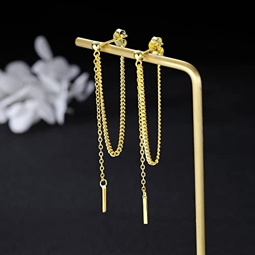 SLUYNZ 925 Sterling Silver Bar Dangle Earrings for Women Teen Girls Minimalist Dangle Earrings Threader Chain