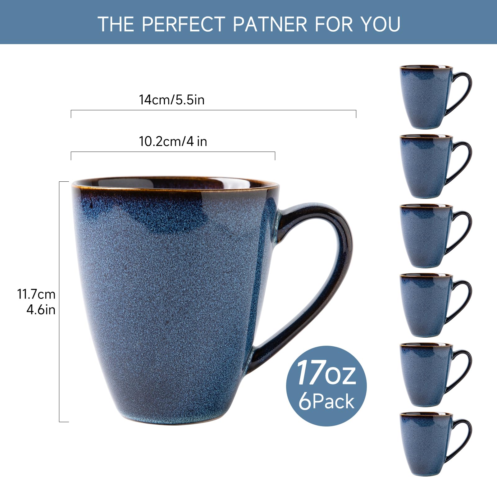 MONITO 17 OZ Coffee Mugs Set of 6, Large Ceramic Coffee Mugs,Modern Coffee Mugs Set with handle for Tea/Latte/Cappuccino/Milk/Cocoa, Funny Tea Cups for Office and Home, Engagement Gifts. (Starry Blue)