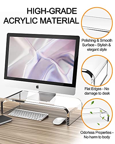 Clear Monitor Riser, Acrylic Computer Stand 20 inch - Sturdy 50LB Max - Promote Pain Relief Posture & Free Up Cluttered Space with TV, Laptop & PC Computer & Desk Storage Organizer Stand Riser