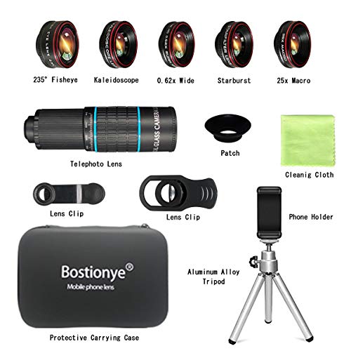 Phone Camera Lens Kit 10 in 1 for iPhone Samsung Pixel Android, 22X Telephoto Lens, 0.62X Super Wide Angle Lens&25X Macro Lens, 235° Fisheye,Kaleidoscopes, Starlight,Tripod,for Most Smartphone