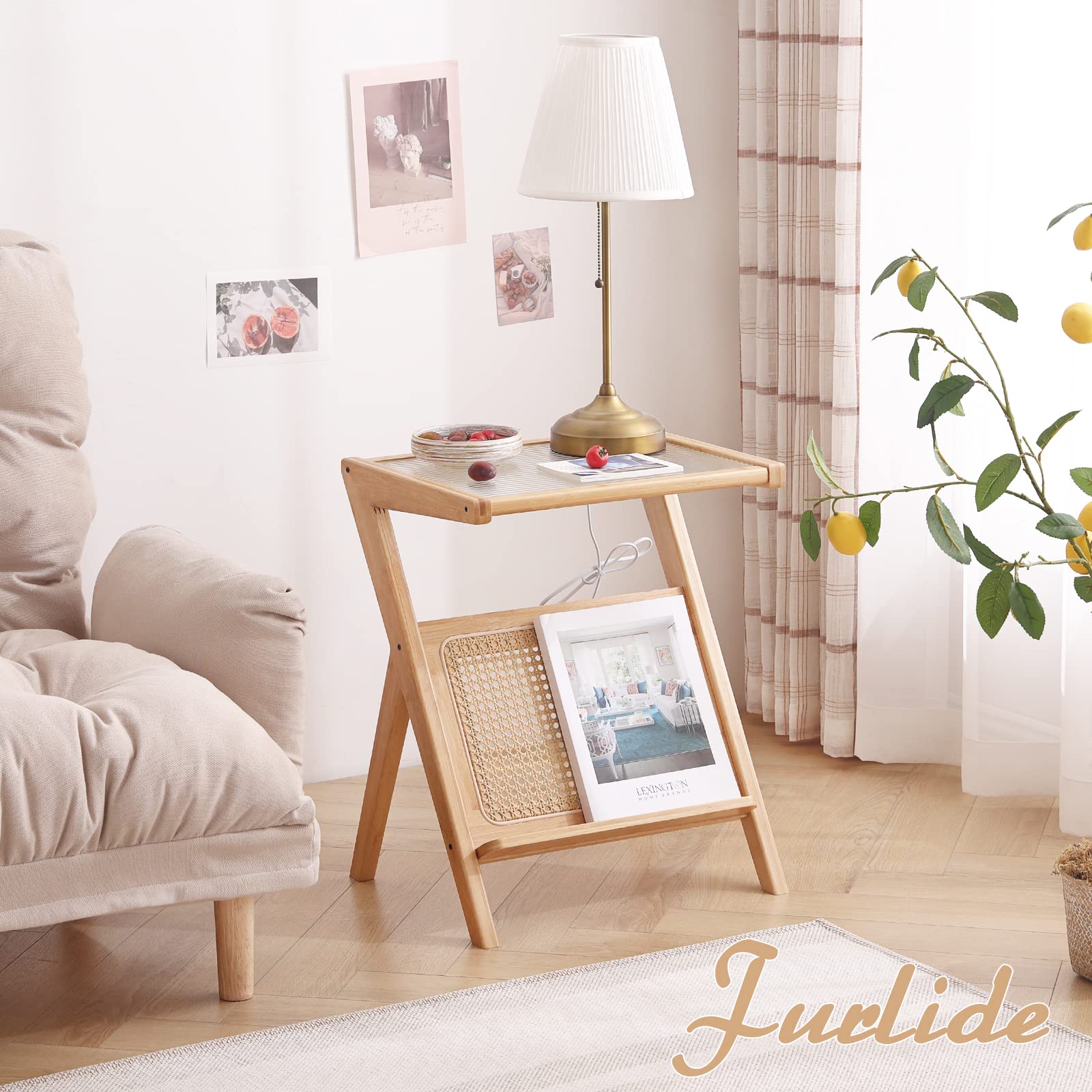 Furlide Tv Tray Table, Bamboo End Table, Boho Nightstand Side Table, Bedroom Coffee Table with Storage, Accent Bedside Tables for Living Room Bedroom Small Spaces (Wood)