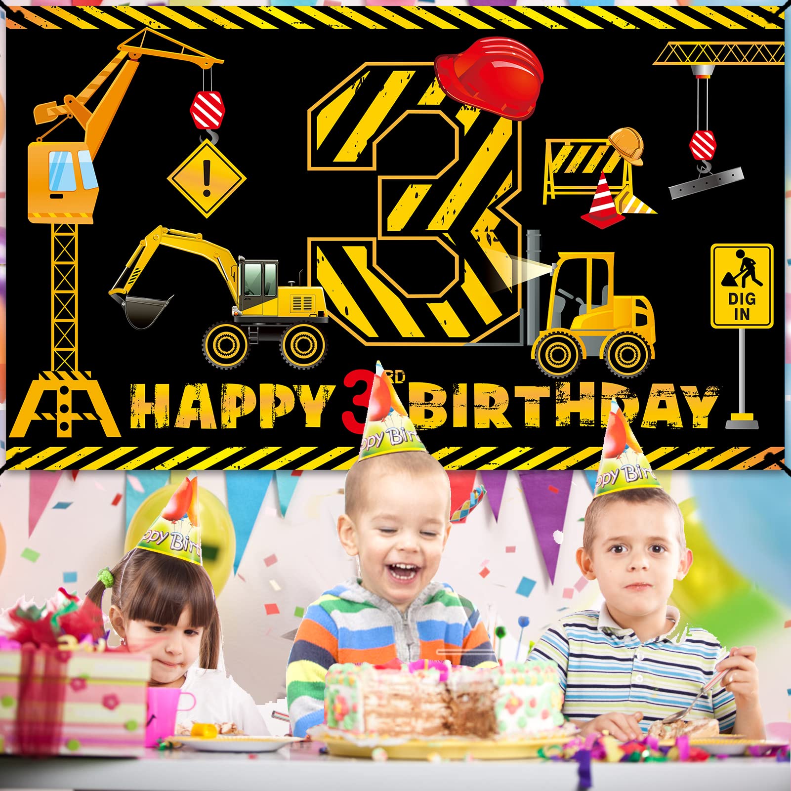 Construction 3rd Birthday Banner Decorations for Boys Kids, Dump Truck Construction Theme Three Birthday Backdrop Party Supplies, Excavator Crane Digger Three Year Old Poster Sign
