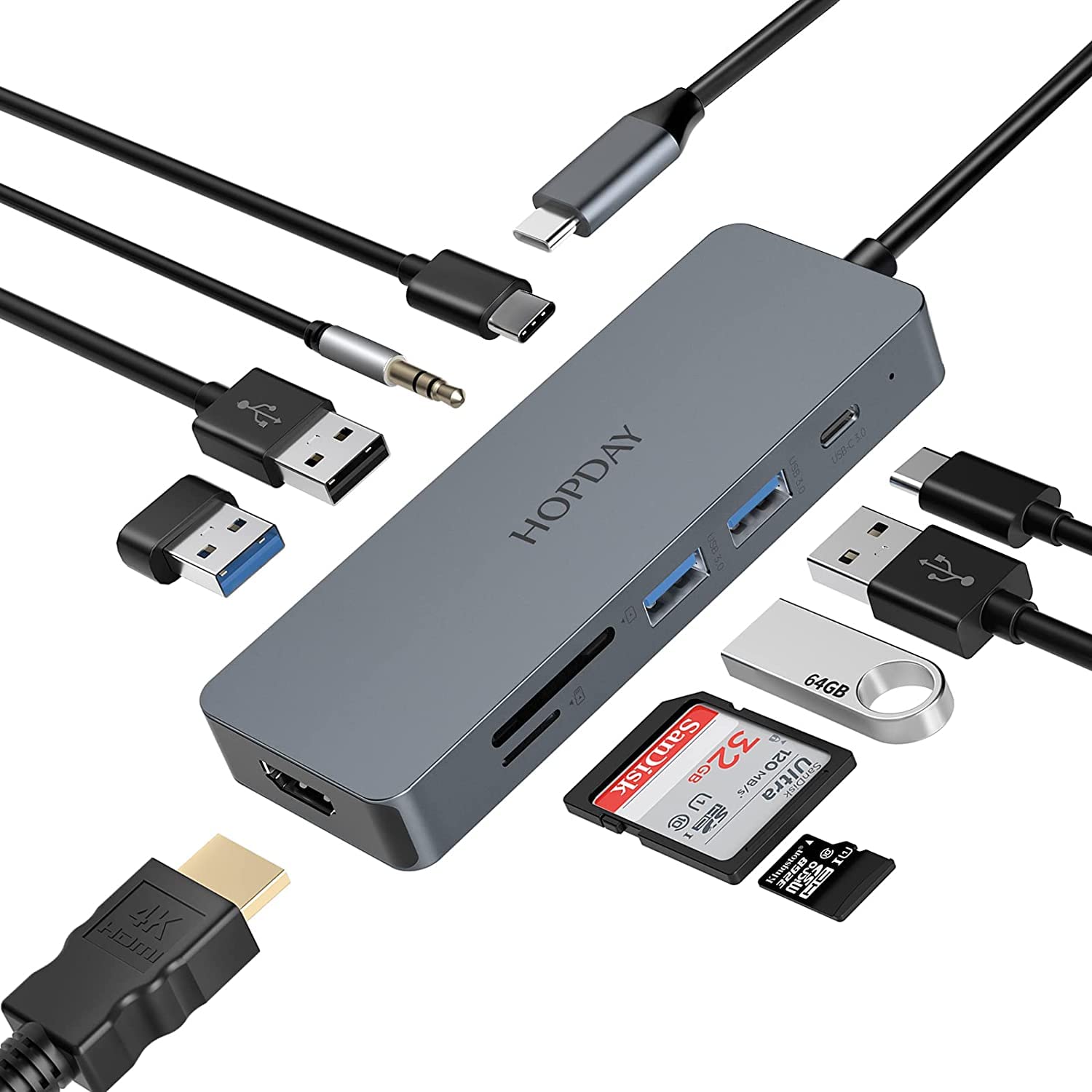HOPDAY 10 in 1 USB C Hub, USB C Adapter MacBook Pro/Air iPad Pro Adapter with 4K HDMI Output, Compatible for Laptop, Surface Pro 8, Type C Devices (PD 100W USB 3.0 TF Card Reader)