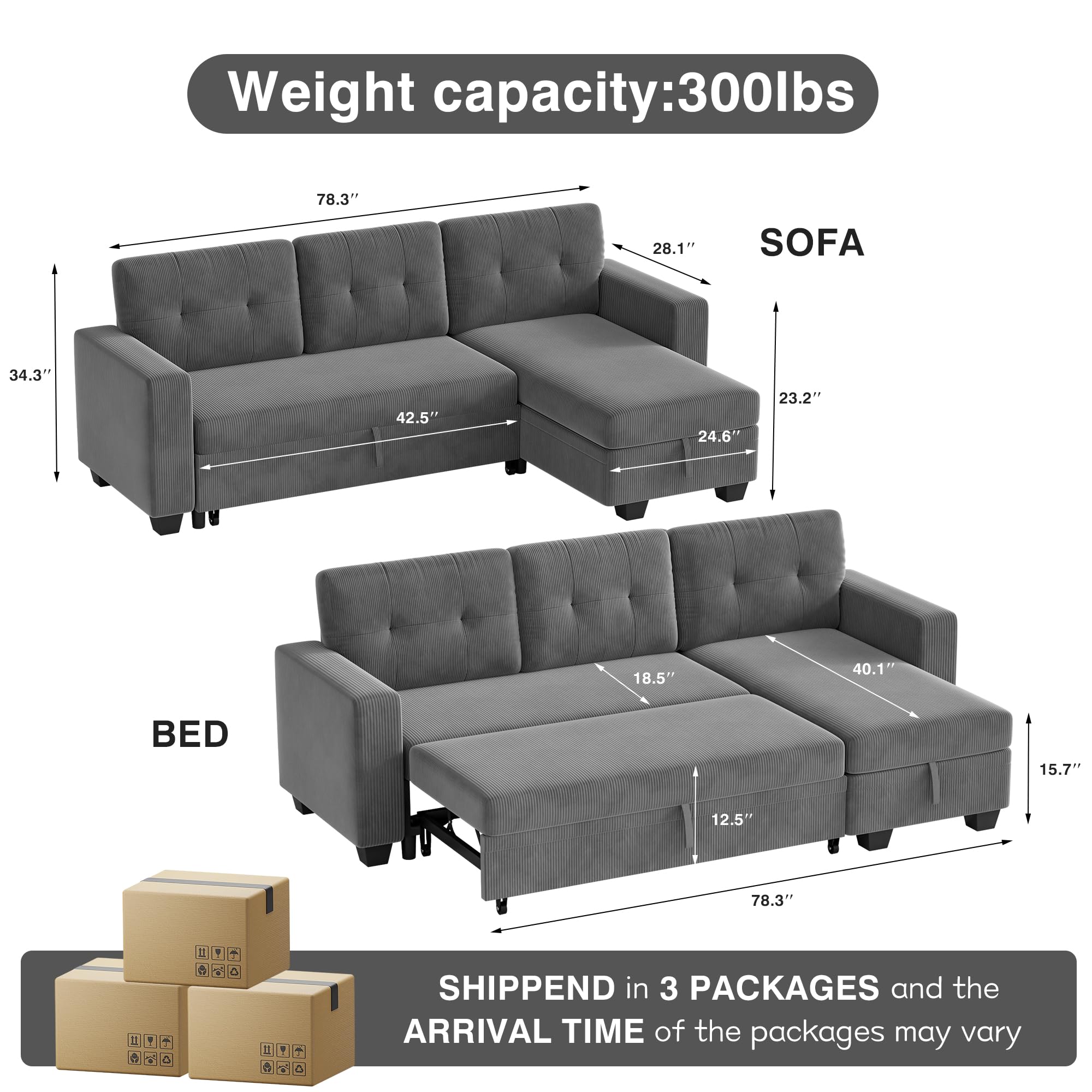Furmax Sleeper Sofa, Sofa Bed L Shaped Sectional Couch with Reversible Storage Chaise Lounge, Modern Fabric Pull Out Couch & Couch Bed for Living Room Small Space (Grey)