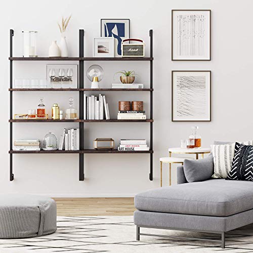 Nathan James Theo 2-Shelf Industrial Wall Mount Ladder Table, Nutmeg/Matte Black & Theo 4-Shelf Bookcase, Floating Wall Mount Shelves with Natural Wood and Industrial Pipe Metal Frame, Nutmeg/Black