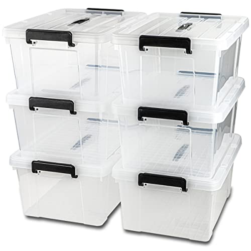 Lifetime Home (6 Pack) 42 Qt. [UPGRADED] Plastic Storage Bin Tote Organizing Container with Ultra Durable Lid and Secure Latching Buckles, Stackable, Extra Strength Clear with Black Handle
