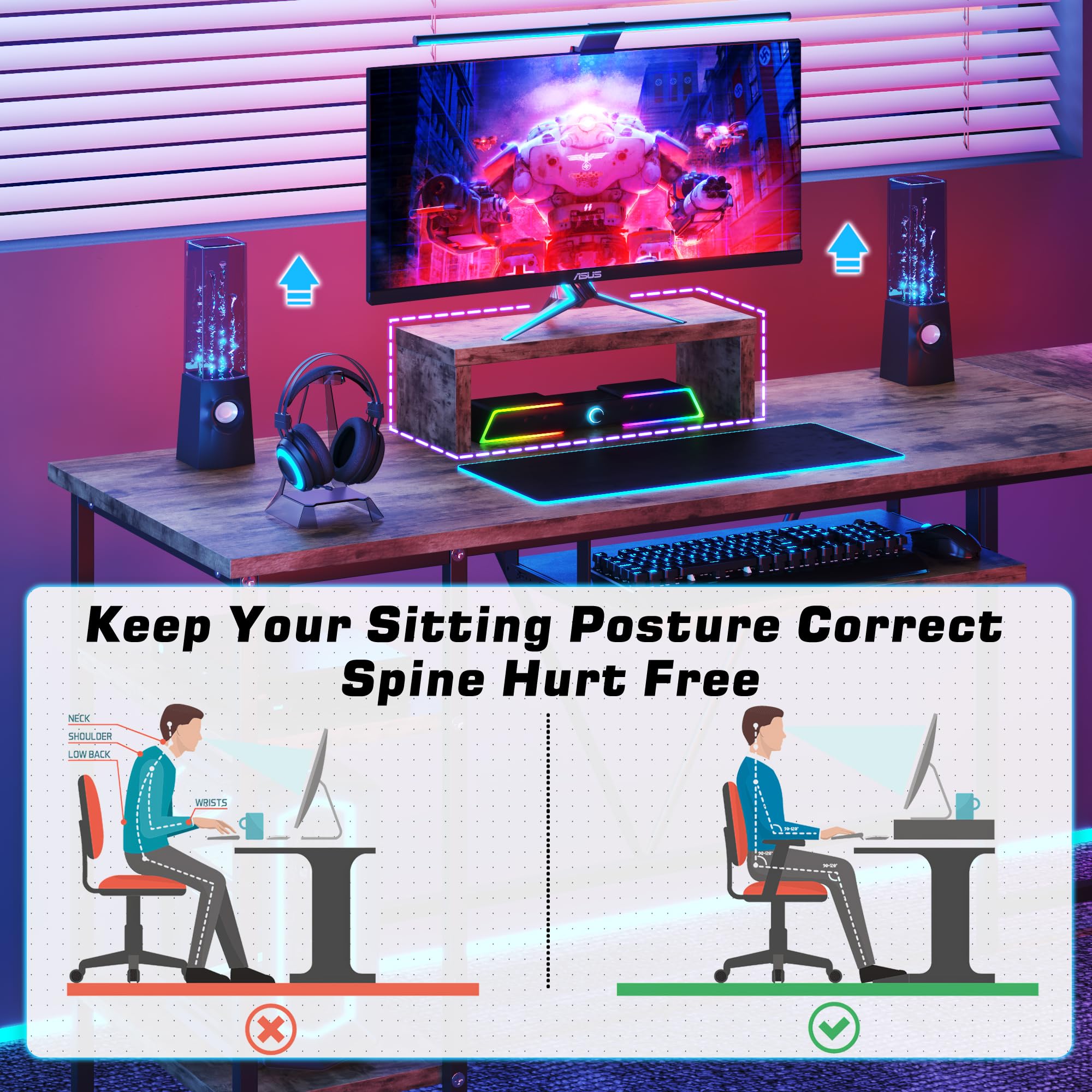 Furmax L Shaped Gaming Desk with LED Lights&Power Outlet, Reversible Corner Computer PC Desk Table with Storage Shelves, Keyboard Tray, Monitor Stand Home Office Gaming Working Studying (Rustic Brown)