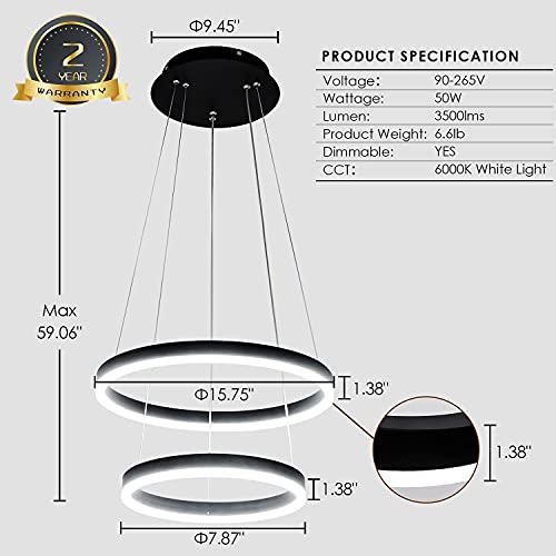 Viruhaka Dimmable LED Pendant Light Dining Room 50W LED Modern Chandelier Black Living Room 2 Ring Pendant Lighting Entryway with 59in Cord Adjustable,6000K Daylight
