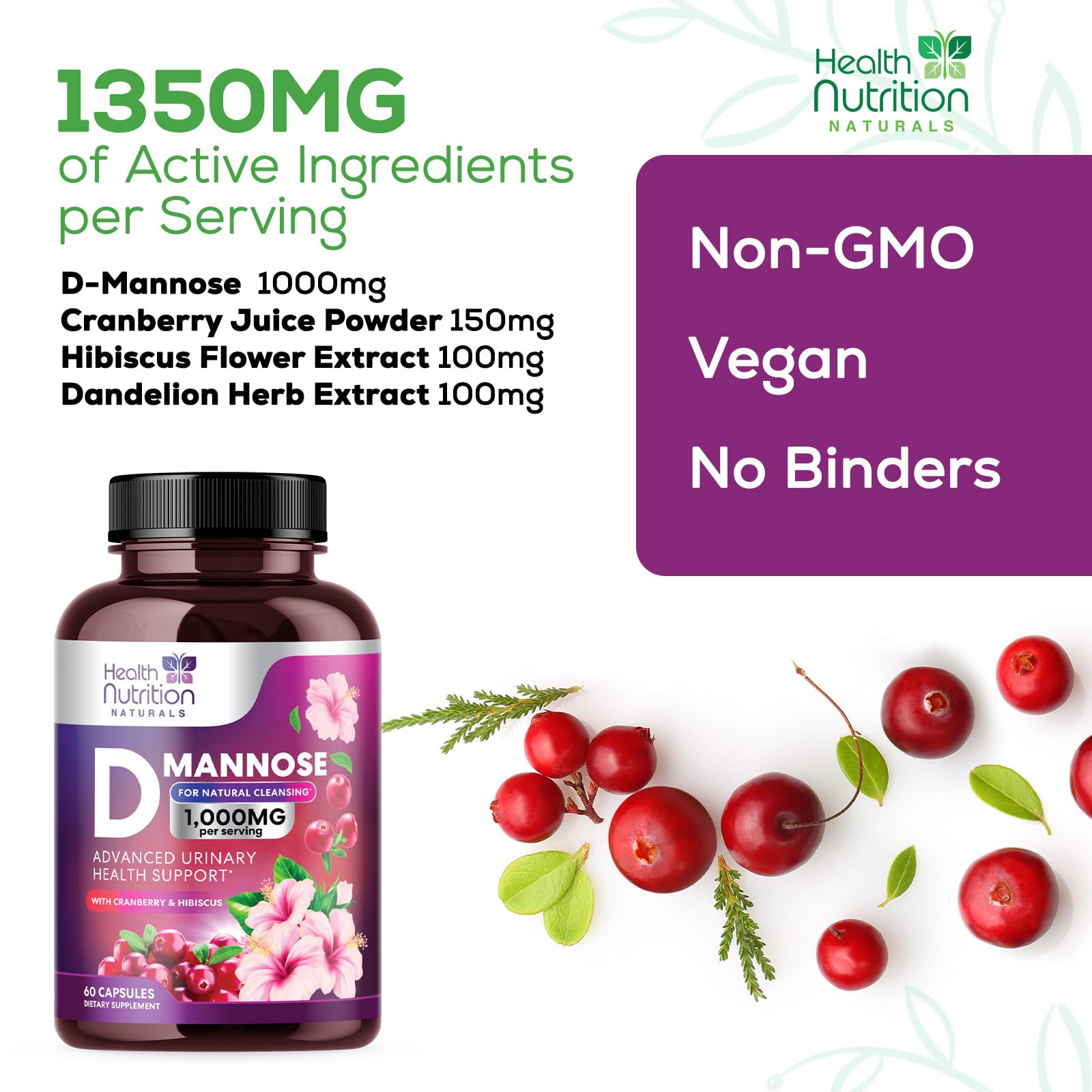 D-Mannose & Cranberry Extract 1350mg Advanced Formula, Fast-Acting Natural Urinary Tract Health Support for Women & Men, Flush Impurities in Urinary Tract & Bladder, Non-GMO, Vegan - 60 Capsules