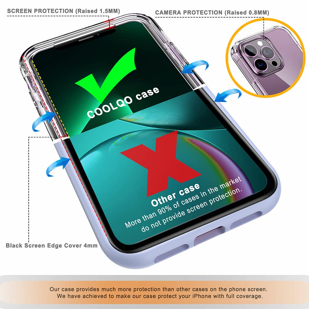 COOLQO Compatible for iPhone 14 Pro Max Case 6.7 Inch, with [2 x Tempered Glass Screen Protector] Clear 360 Full Body Protective Coverage Silicone 14 ft Military Grade Shockproof Phone Cover Black