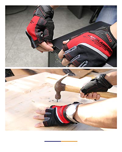 HANDLANDY Fingerless Work Gloves for Men, Half Finger Working Glove Grip Shock-Absorbing Breathable Uwrist TPR Anti-collision Gloves for Mens & Women (L)