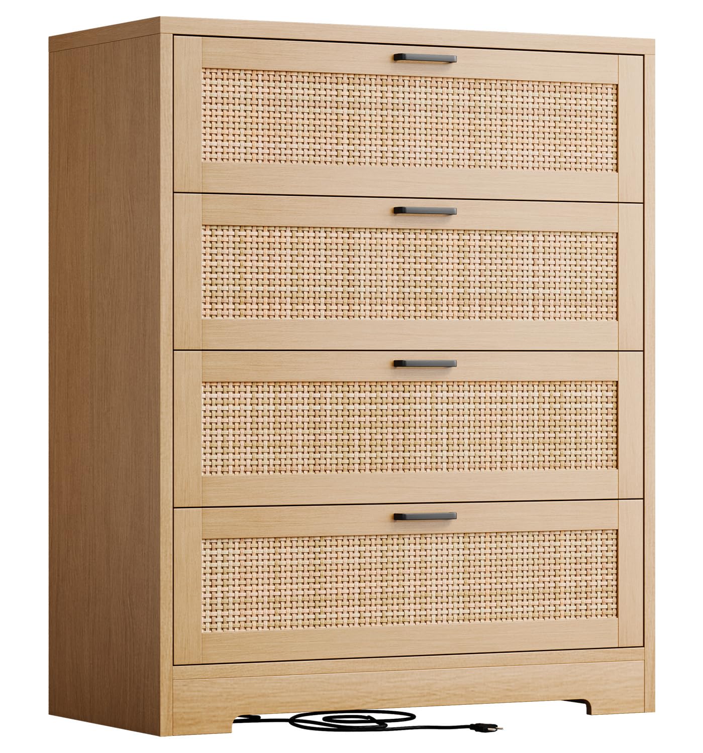 GarveeHome 4 Drawer Dresser Rattan Dresser, Tall Chest of Drawers, Wood Dresser for Bedroom, Closet, Living Room, Hallway