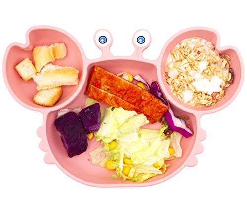Silicone Suction Plate for Toddlers with Fork Spoon Set - Self Feeding Training Divided Plate Dish and Bowl for Baby and Toddler, Fits for Most Highchairs Trays (Pink)