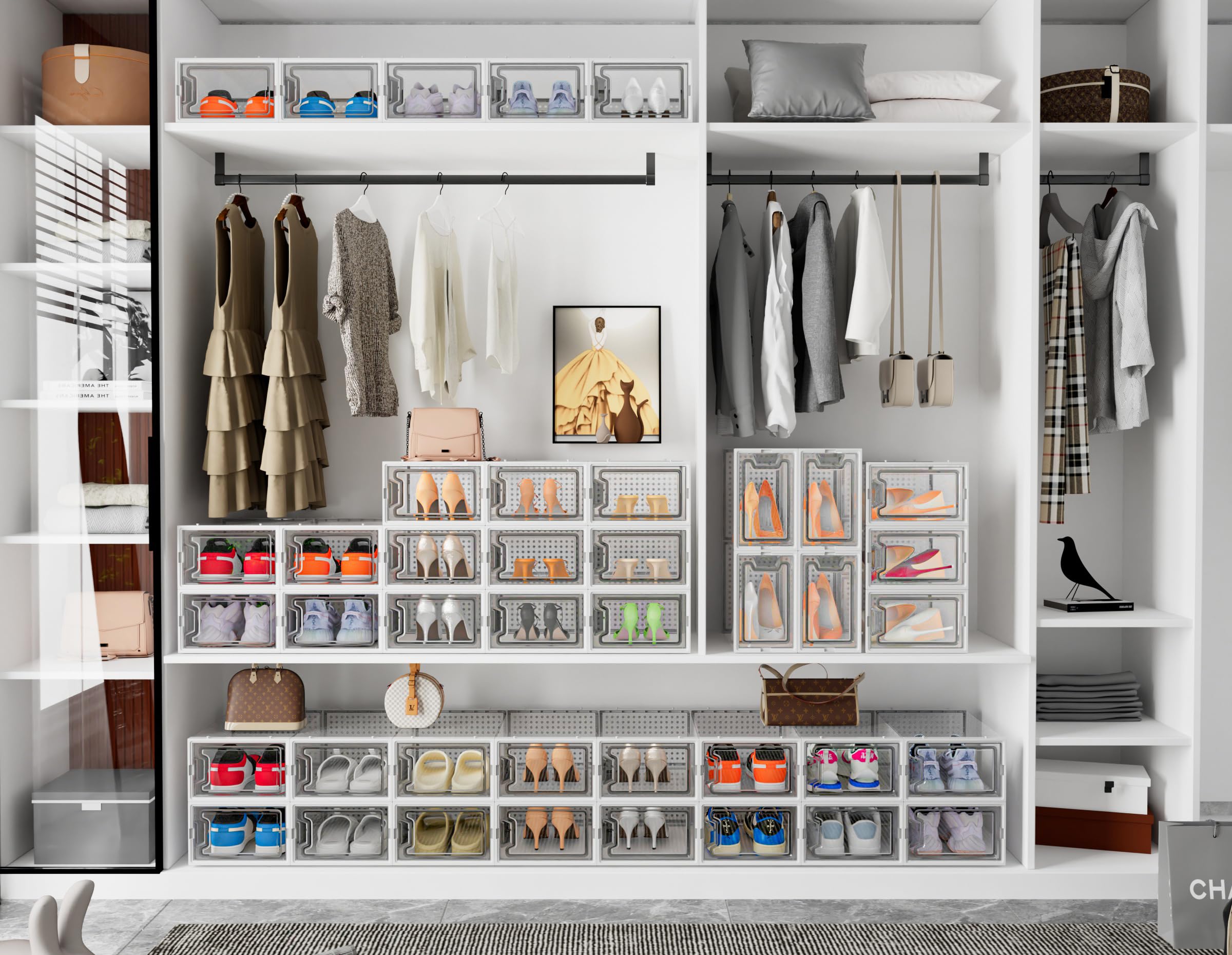 HOMIDEC 12 Pack Shoe Storage Box, Shoe Organizer for Closet, Clear Plastic Stackable Shoe Box, Foldable Shoe Rack Shoe Organizer for Closet Under Bed Entryway(White)
