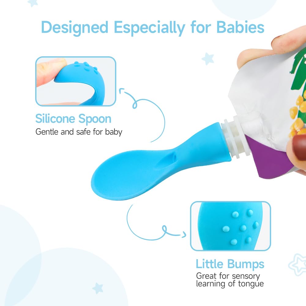 Morlike Baby Food Pouch Topper Silicone Spoons with Travel Cases, Squeeze Pouch Attachment Toppers for Travel and Feeding (6 Pack) - Not Include Squeeze Pouch