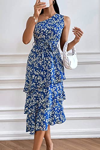 PRETTYGARDEN Women's Summer Floral Sundress Casual One Shoulder Tiered Ruffle Flowy Midi Beach Boho Dresses (Floral Royal Blue White,Medium)