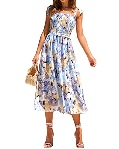 PRETTYGARDEN Women Summer Dresses 2023 Tie Strap Square Neck Smocked Ruffle Flowy Floral Print Boho Maxi Cocktail Dress(Floral White Blue,Large)