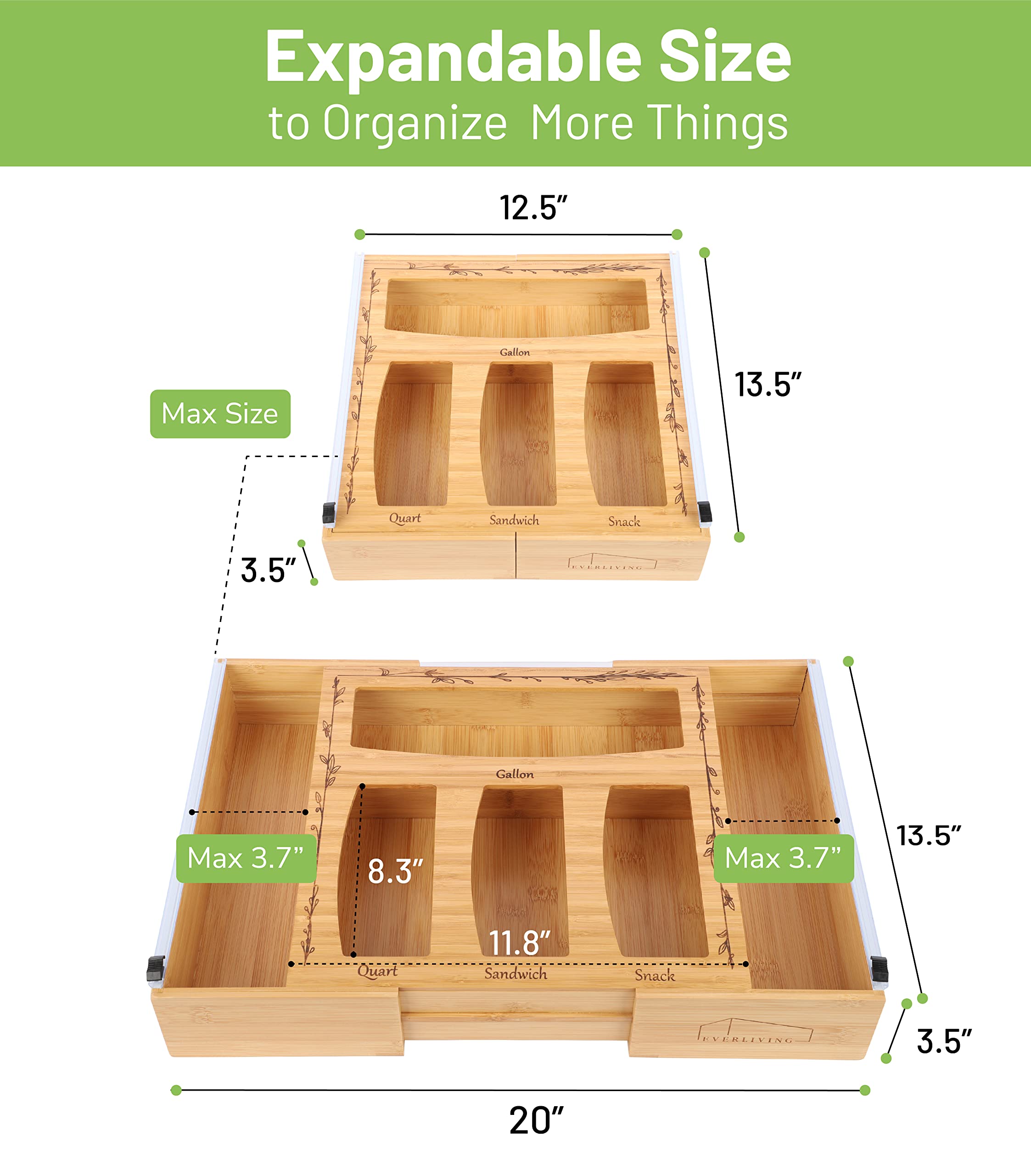 EVERLIVING Bamboo Ziplock Bag Organizer for Drawer & Countertop β Convenient 6-Slot Plastic Bag Organizer β Aluminum Foil Organization and Storage with Cutter β Ziplock Bag Storage Organizer