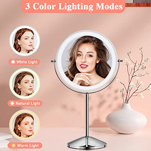 KuMers Lighted Makeup Mirror with Magnification, 10X 8’’Rechargeable Double Sided Vanity Mirror with Lights Magnifying Makeup Mirror with 3 Color Light with 360° Rotation, Detachable Base