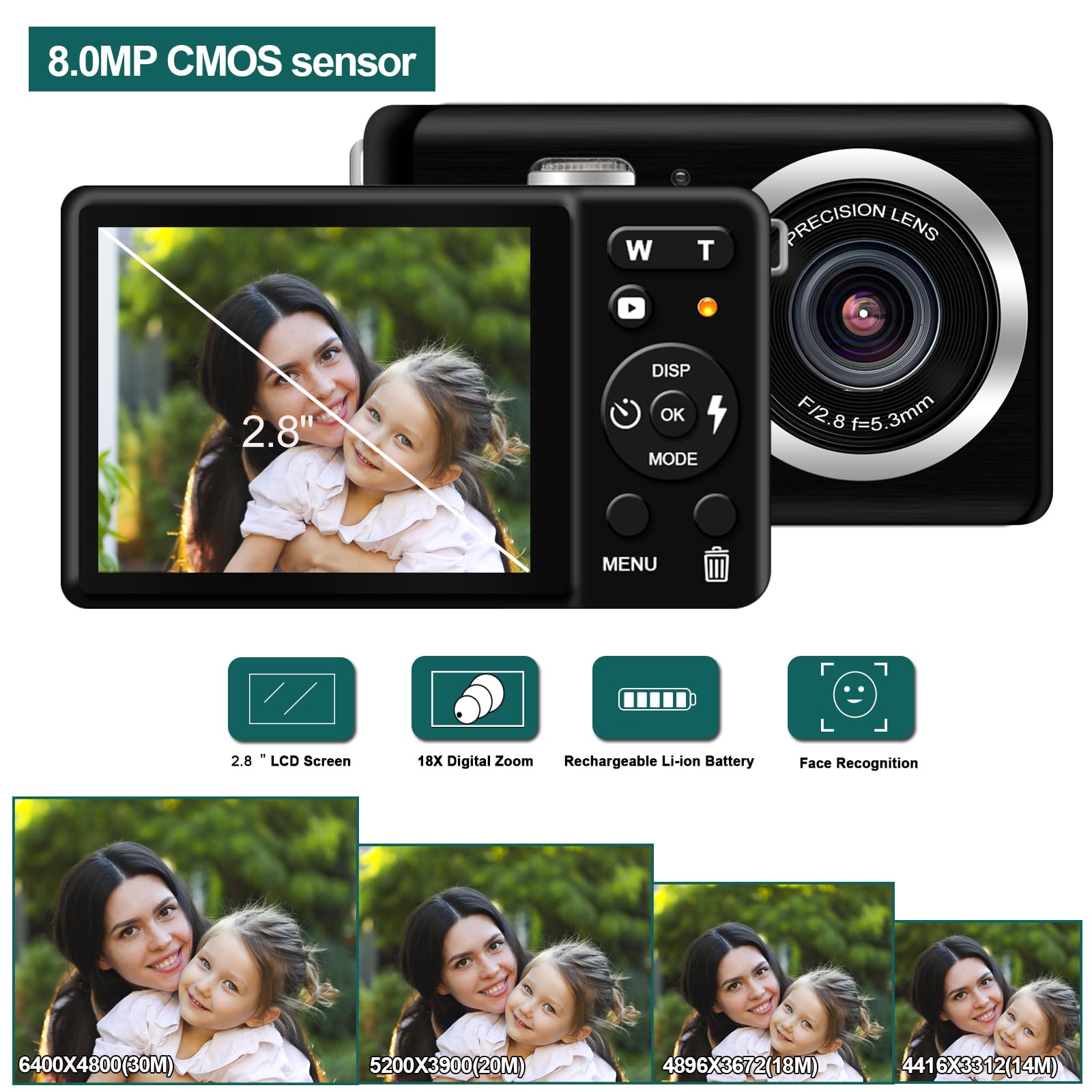 Digital Camera for Photography, 30MP Rechargeable Point and Shoot Digital Camera with 2.8" LCD 18X Digital Zoom for Kids Teens Elders(Black)