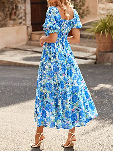 PRETTYGARDEN Women's Summer Puff Sleeve Floral Maxi Dress Square Neck Smocked Boho Flowy A Line Casual Beach Long Dresses (Big Floral White and Blue,Large)
