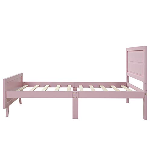 MWrouqfur Twin Size Wood Platform Bed Frame for Kids,Bed Frame Mattress Foundation with Headboard and Wood Slat Support for Girls Boys (Pink)
