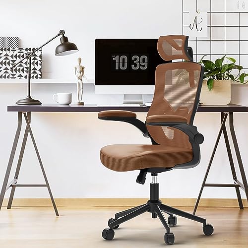 π―πΆπ΄π¬ πΆπππ°πͺπ¬ πͺπ―π¨π°πΉ, Ergonomic Mesh Desk Chair, High Back Computer Chair- Adjustable Headrest with Flip-Up Arms, Lumbar Support, Swivel Executive Task Chair (Mummy Brown, Modern)