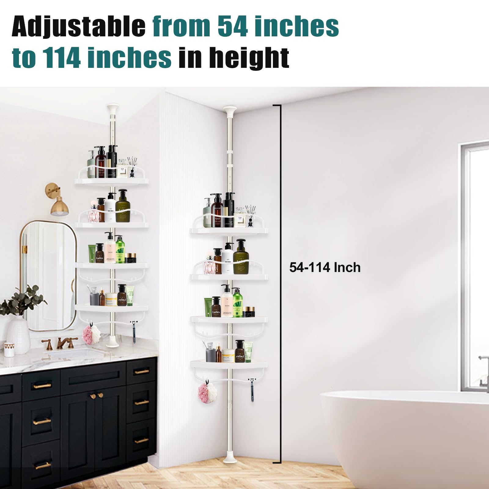 HOSKO Shower Caddy Tension Pole, 4-Tier Adjustable Tension Rod Shower Caddy Corner, Rustproof Shower Organizer Corner Shelf 54 to 114 Inch