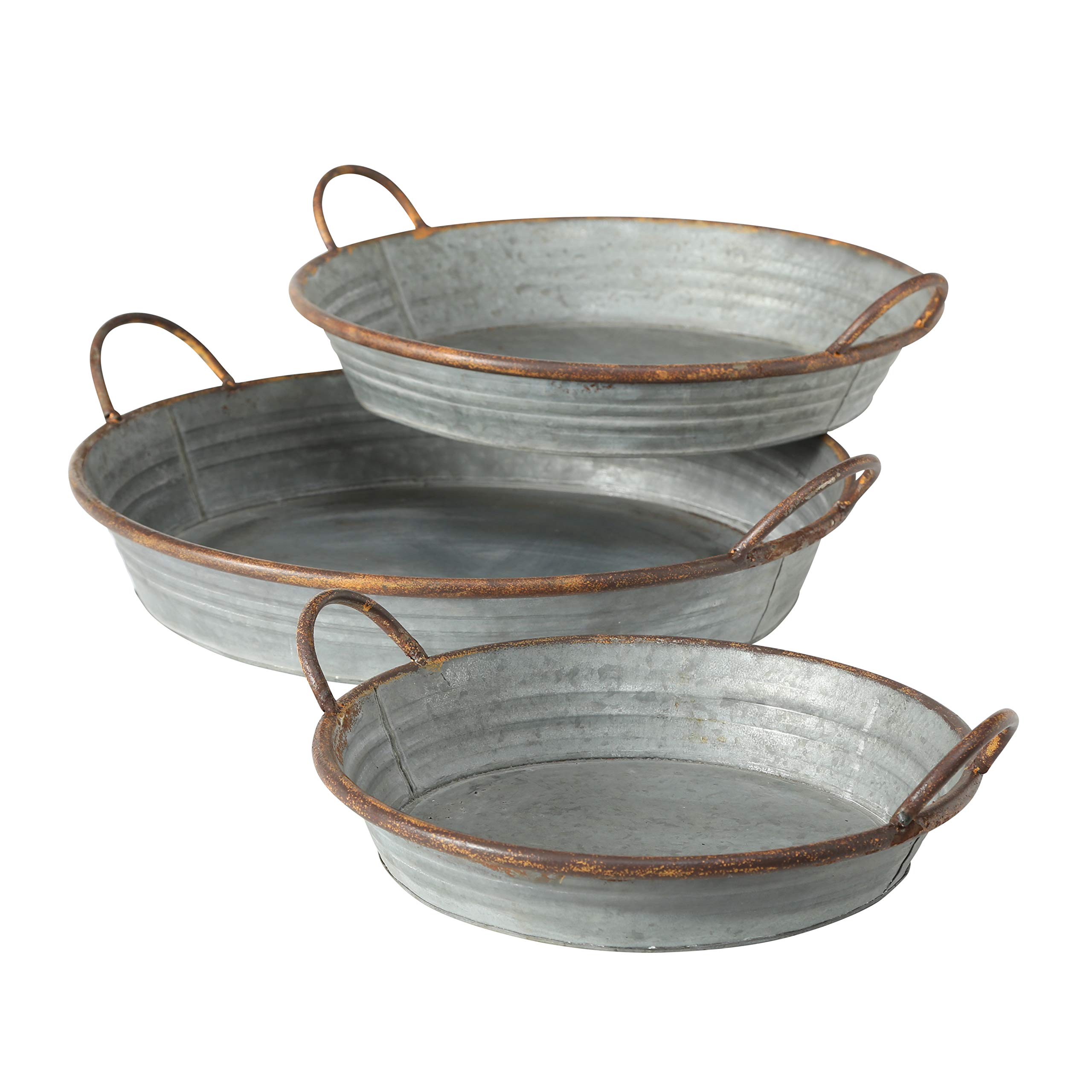 Farmers Deep-Dish Round Trays, Set of 3, Rustic Vintage Style, Galvanized Zinc Metal, 18, 15.75, and 12.25 Inches Diameter