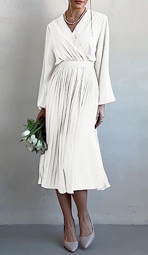 PRETTYGARDEN Women's Fall Midi Dress Long Puff Sleeve Wrap V Neck Flowy Ruffle Pleated Casual Dresses (White,Large)