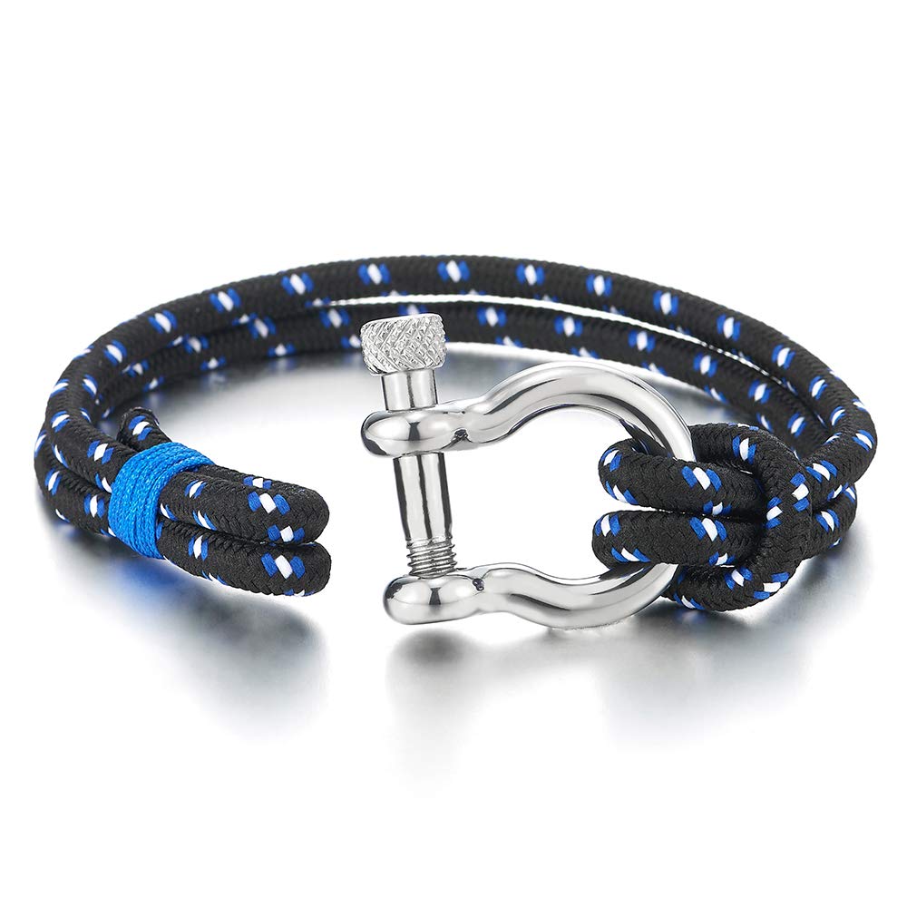 COOLSTEELANDBEYOND Mens Womens Steel Screw Anchor Shackles Nautical Blue White Sailor Rope Cord Wrap Bracelet Wristband