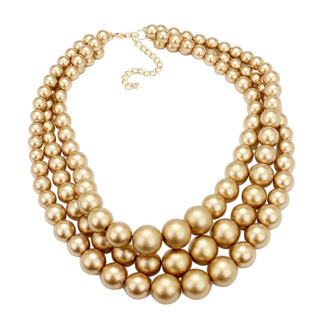 Rosemarie & Jubalee Women's 3 Colorful Multi Strands Simulated Pearl Necklace And Earrings Jewelry Gift Set, 18"+3" Extender (Metallic Matte Gold)
