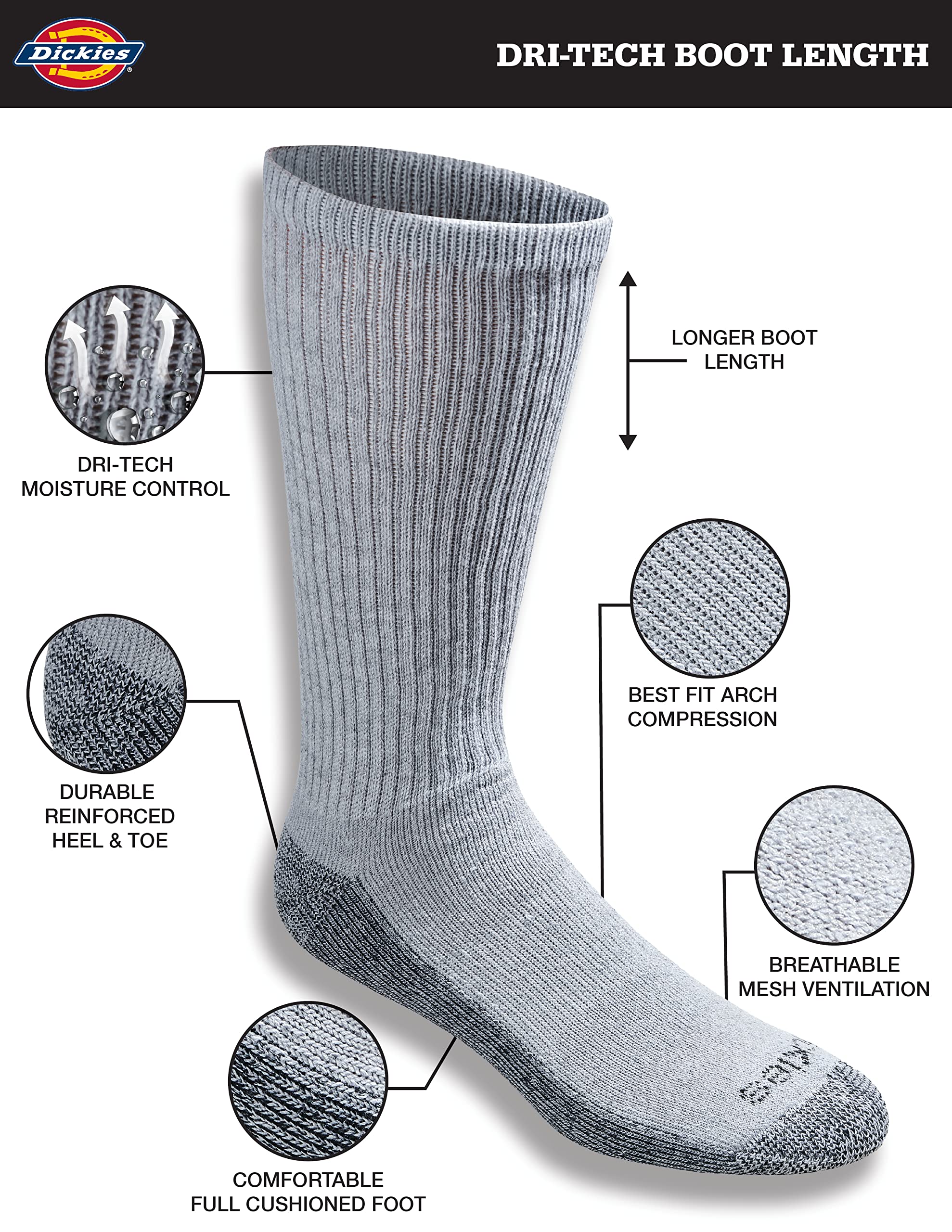 Dickies Men's Multi-Pack Dri-tech Moisture Control Boot-Length Socks, Grey (6 Pairs), Shoe Size: 6-12