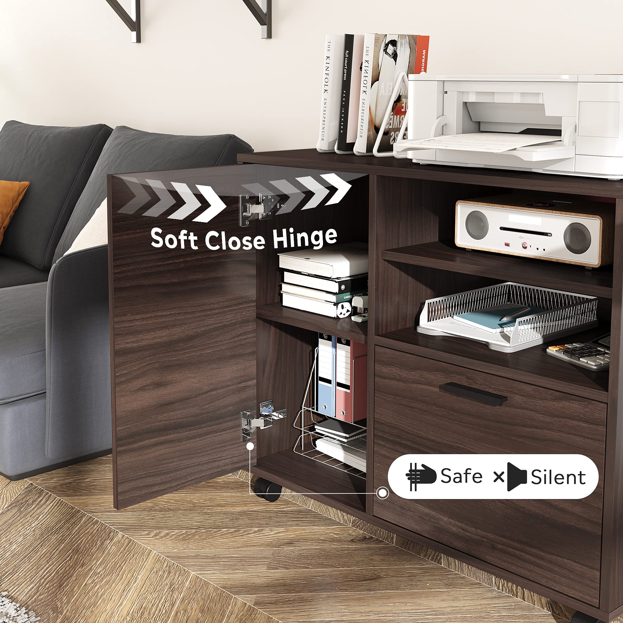DEVAISE Wood Lateral File Cabinet with 1 Drawer, Printer Stand with Storage Door and Shelves, Large Mobile Filing Cabinet for Home Office, Walnut
