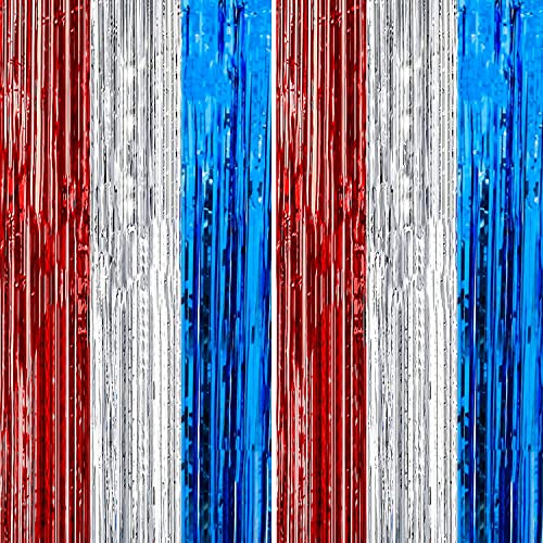 Dazzle Bright 2 Pack Backdrop Curtain, 3FT x 8FT Metallic Tinsel Foil Fringe Curtains Photo Booth Background for Baby Shower Birthday Wedding 4th of July Party Decorations (Red White and Blue)