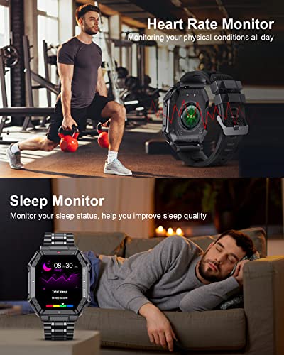 LIGE Military Smart Watch for Men Bluetooth Call(Answer/Make Call), 1.85'' HD Tactical Smartwatch with Heart Rate/Sleep/SpO2 Monitor, IP67 Waterproof Fitness Tracker for Android iOS Stainless Steel