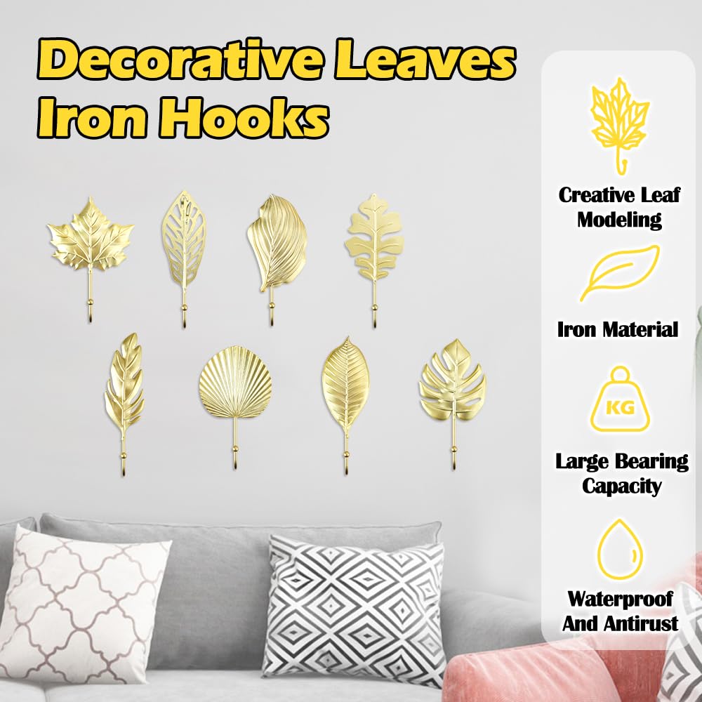 HOSTK 8pcs Decorative Wall Hooks, Gold Leaves Wall Mounted Hangers, Plant Modern Coat Hat Towel Clothing Key Holder for Home Bedroom Bathroom Kitchen Office Entryway Living Room