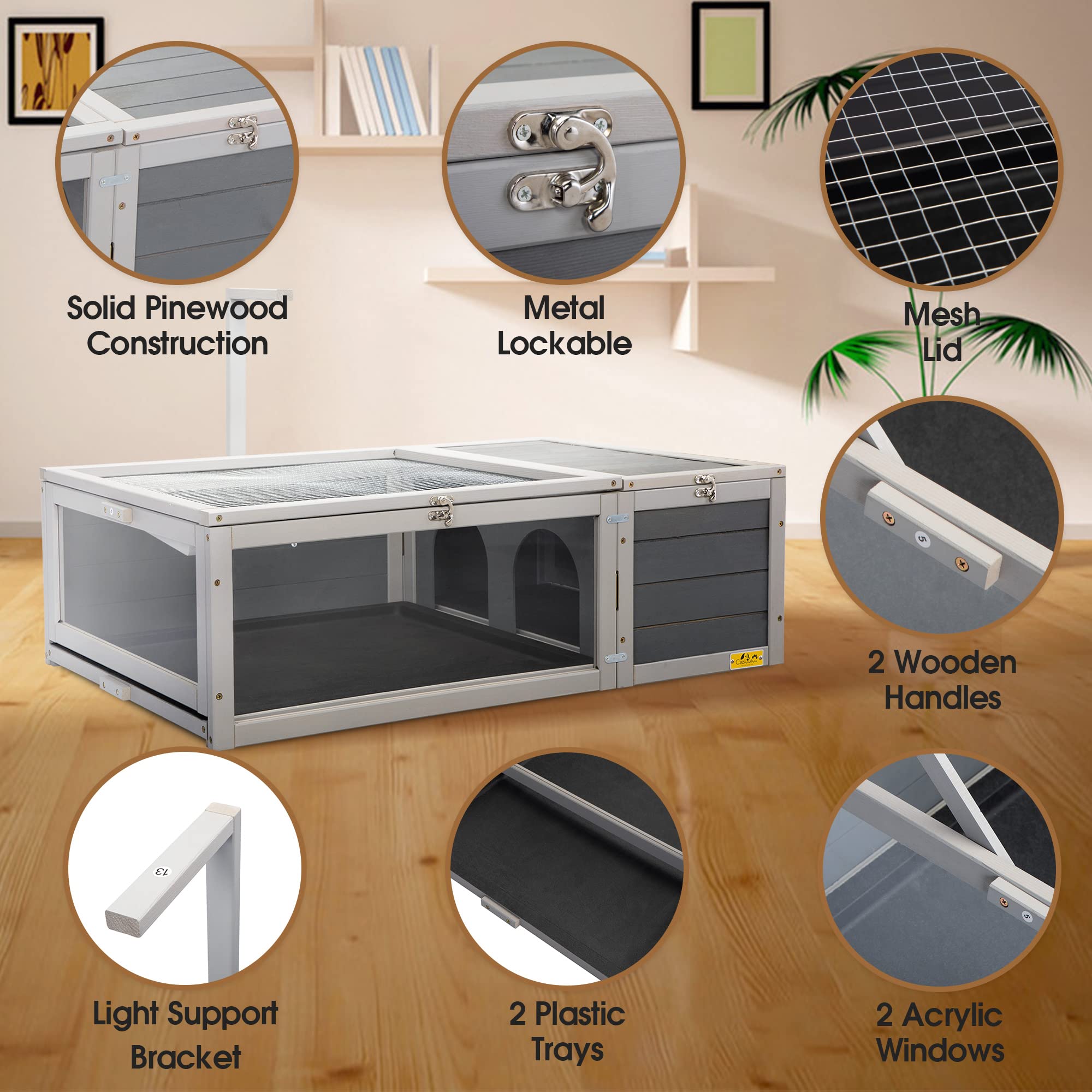 COZIWOW Upgraded Tortoise Habitat, Wood Box Turtle Enclosure with Light Support, Trays, Reptile Cage House for Outdoors, Indoor Tortoise Play, Gray