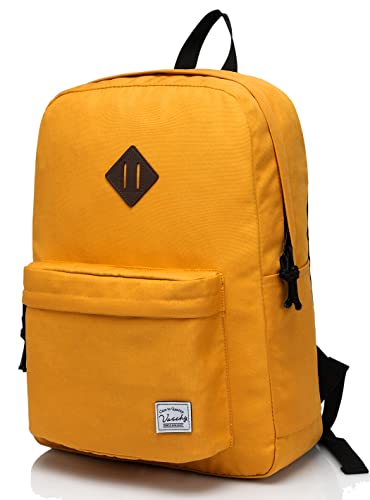 VASCHY Lightweight Backpack for School, Classic Basic Water Resistant Casual Day-pack for Travel with Bottle Side Pockets (Gold)