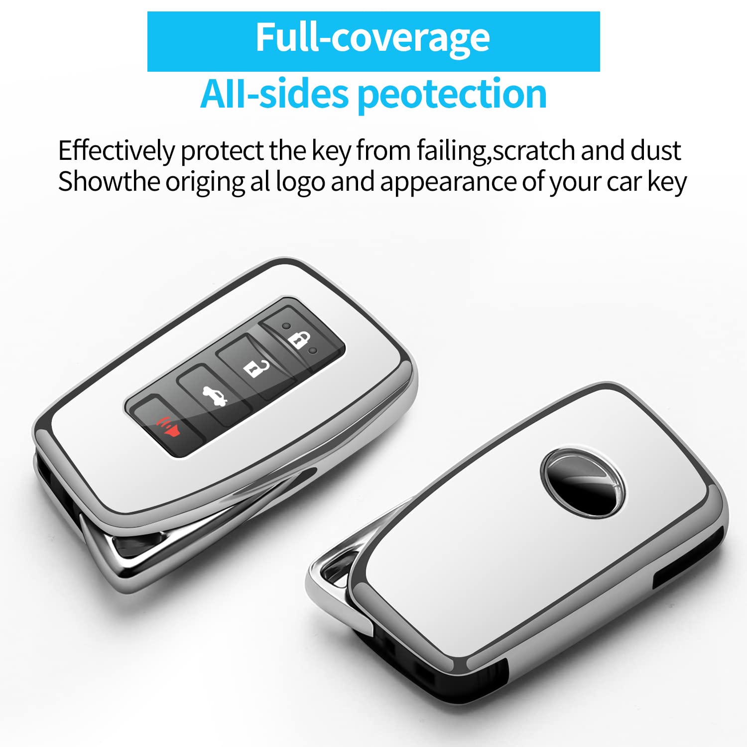 Compatible with Lexus Key Fob Cover with Keychain Soft TPU 360 Degree Protection Key Shell Case for RX ES GS LS NX RS GX LX RC LC Smart Key-Silver