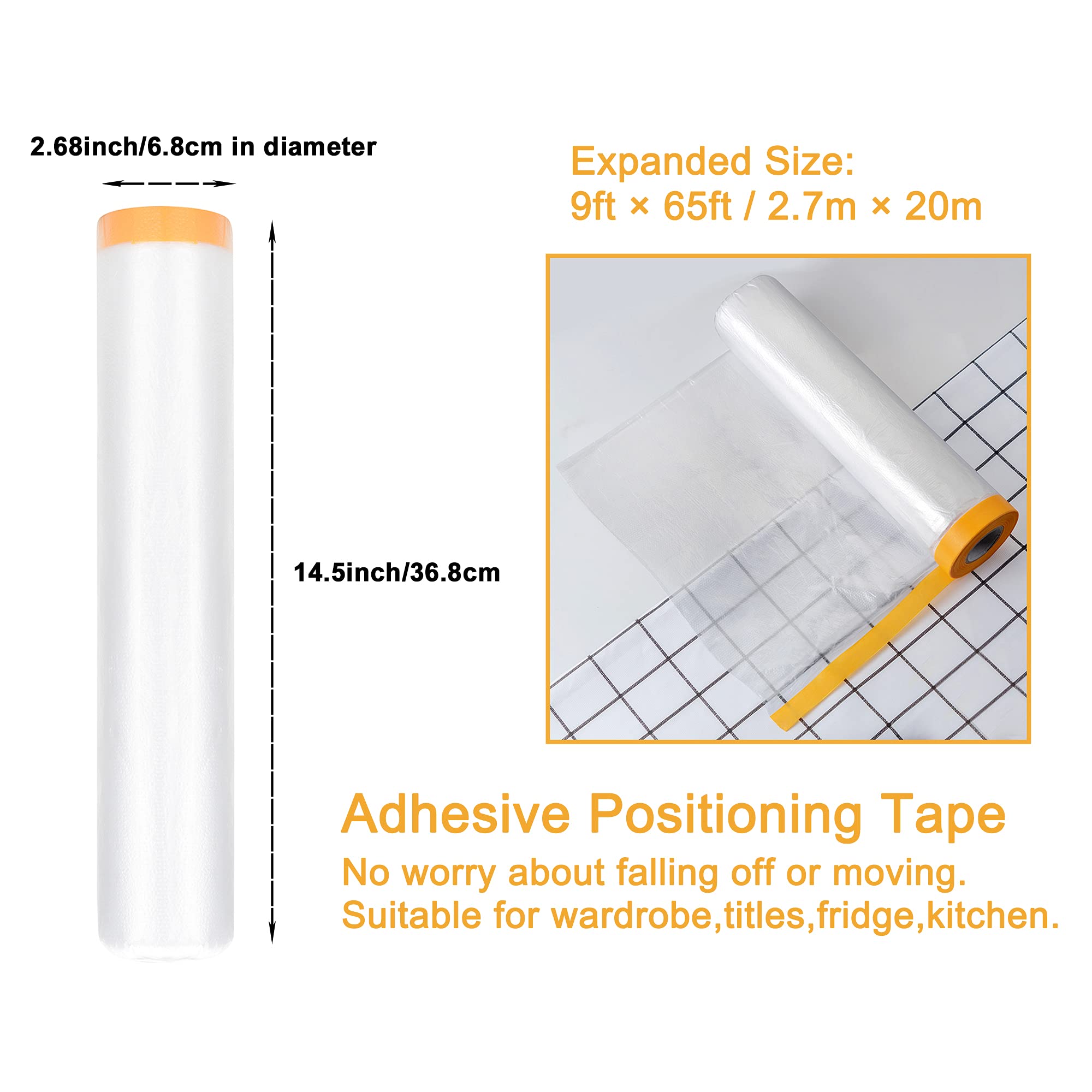 Muf 9 x 65 Feet Plastic Drop Cloth Plastic Sheeting with Masking Tape,Waterproof Protective Masking Film,Prevent Dust Paint for Car,Furniture,Carpet,Floor,1 Pack