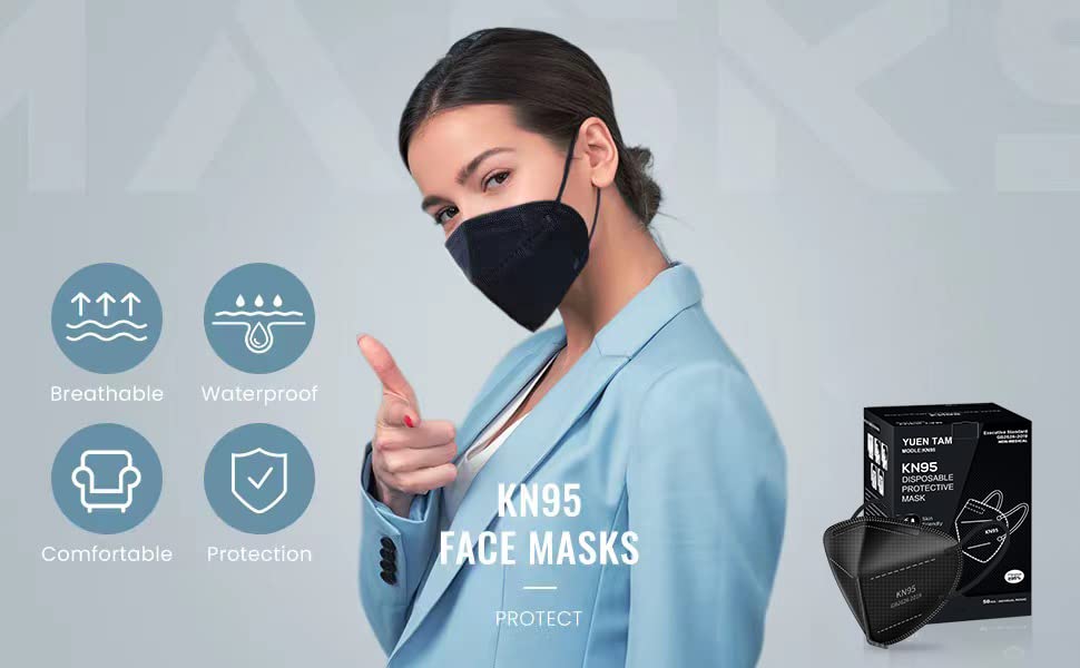 YUENTAM KN95 Face Masks 50PCS, 5-Layers Protection With Elastic Loop Straps and Nose-Clip and Adjustment Hook, Breathable 3D design For Men and Women,Individually Wrapped, Black and White (Black)