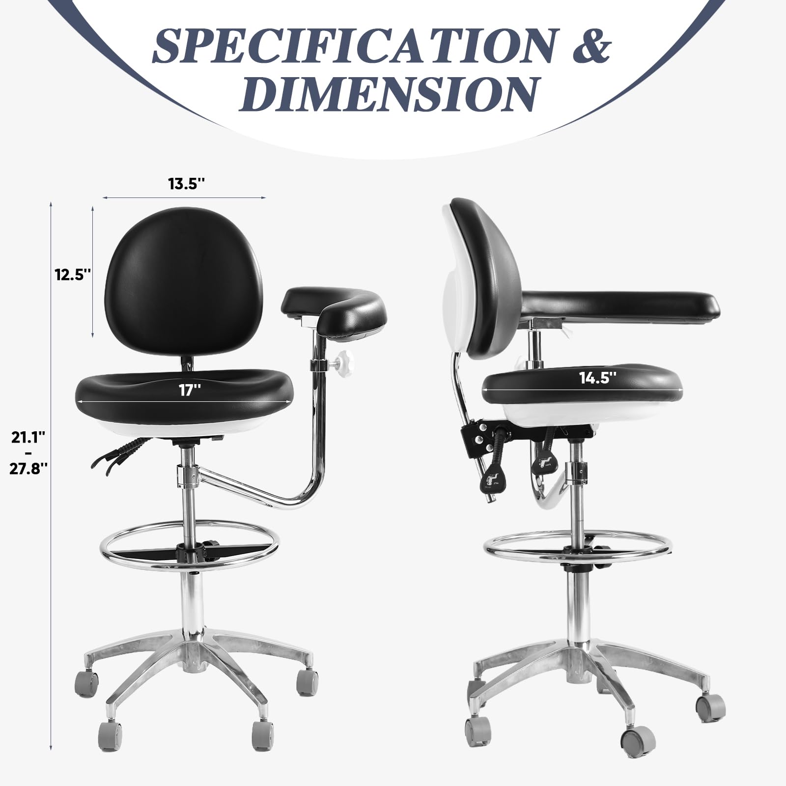 LIMKOMES Medical Dental Assistant Chair with Rotatable Armrest Rolling Medical Chair Ergonomic Swivel Seating Back Support Dentist Stool for Clinics, Dental Offices, Labs-Black