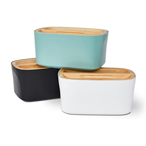 Sonder Los Angeles, Modern Bamboo Fiber (White) Bread Box for Kitchen Countertop with Reversible Wood Serving Lid, Homemade Bread Storage 14.25 x 9.25 x 7in, Storage Bin and Bread Container