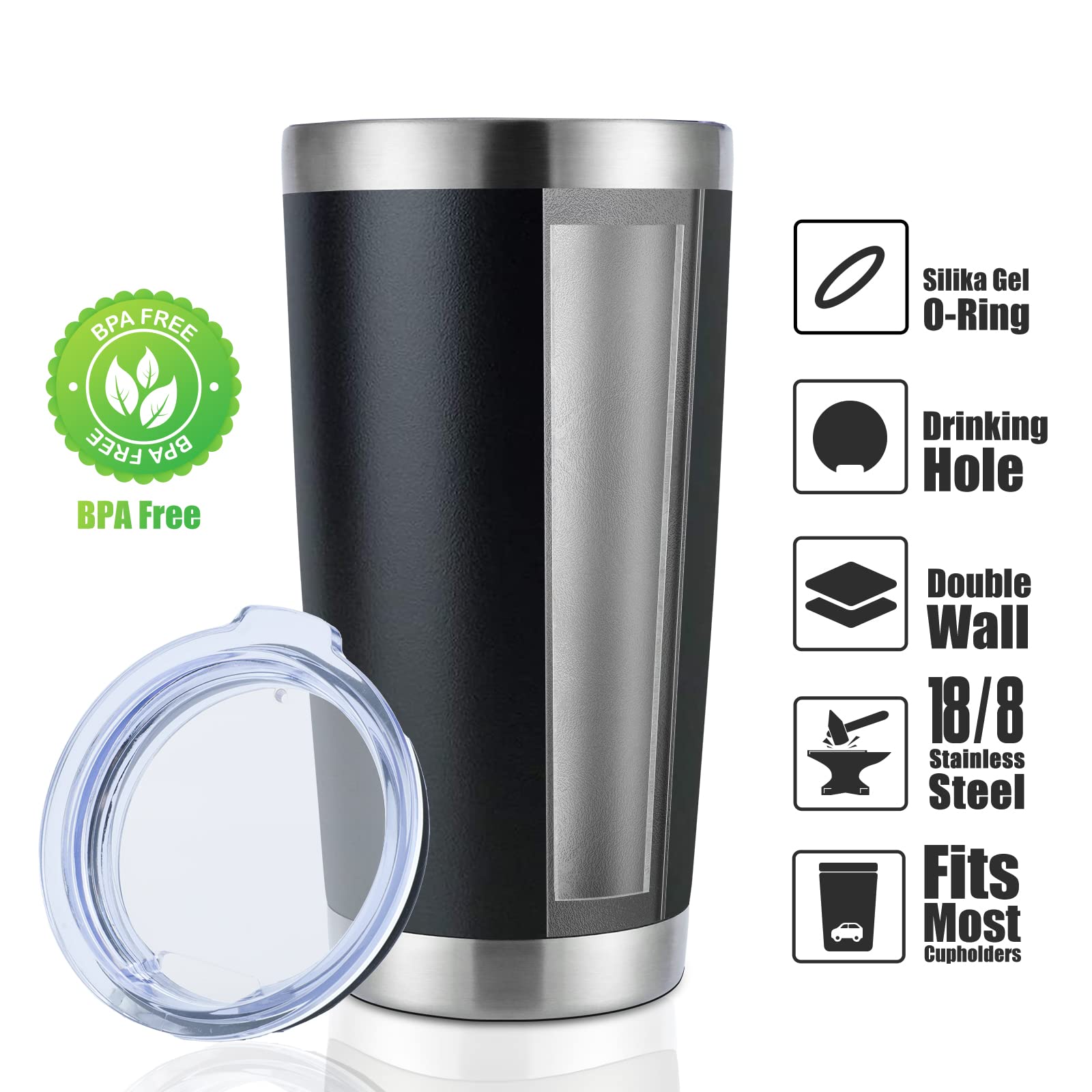 DOMICARE 20oz Stainless Steel Tumbler Bulk with Lid, Double Wall Vacuum Insulated Travel Mug, Powder Coated Coffee Cup, Powder Black, 8 Pack