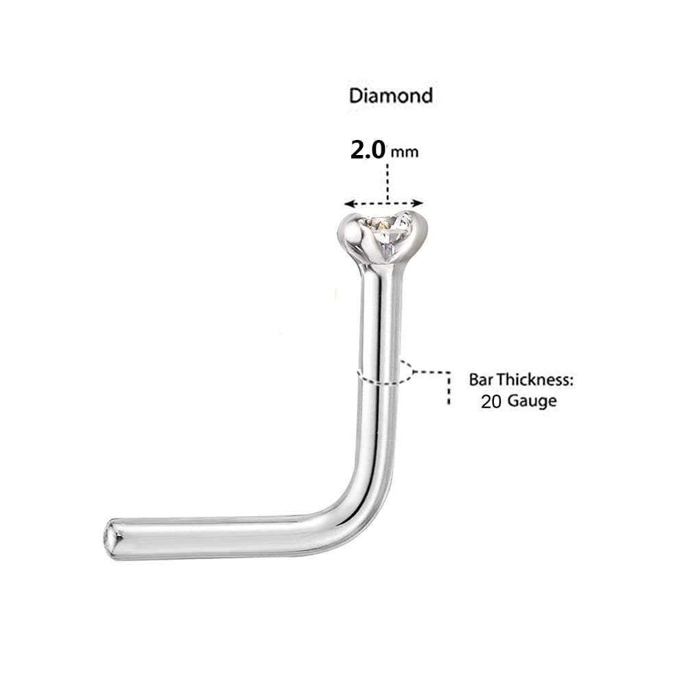 CTIEIP 14K White Gold 0.03 carat Natural Diamonds L-Shaped Nose Ring for Women,20 Gauge(I2-I3 Clarity)