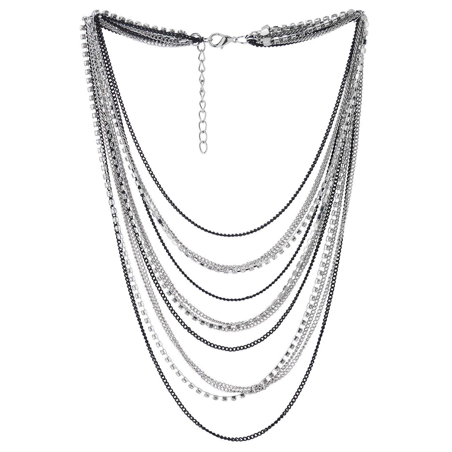 COOLSTEELANDBEYOND Black Silver Waterfall Multi-Strand Long Layered Chains Statement Collar Necklace with Rhinestones
