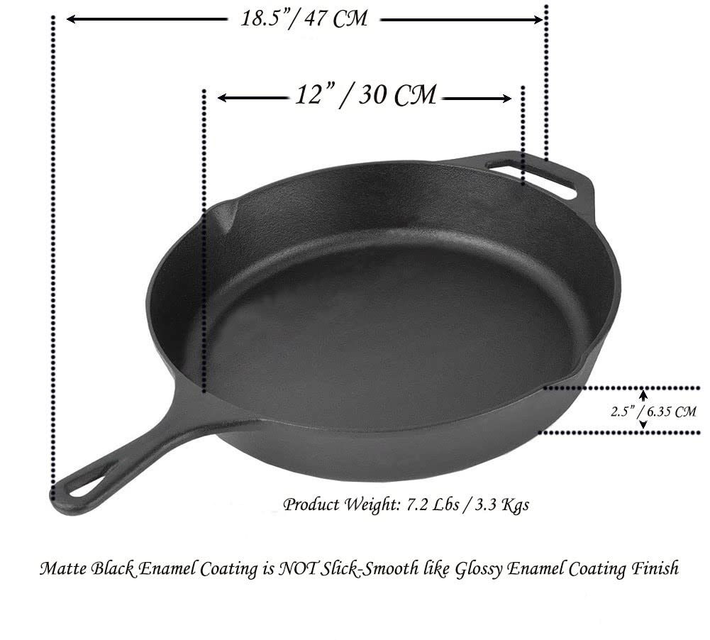 La Cuisine 12 Inch Cast Iron Skillet Frying Pan with Matte Black Enamel Coating Silicone Thermal Resistant Handle Sleeve is included. Ideal for both Indoor and Outdoor, Oven Safe